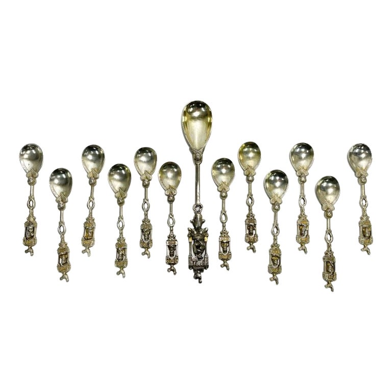 13 Dutch Silver Figural Apostle Berry or Ice Cream Flatware Set Spoons ...