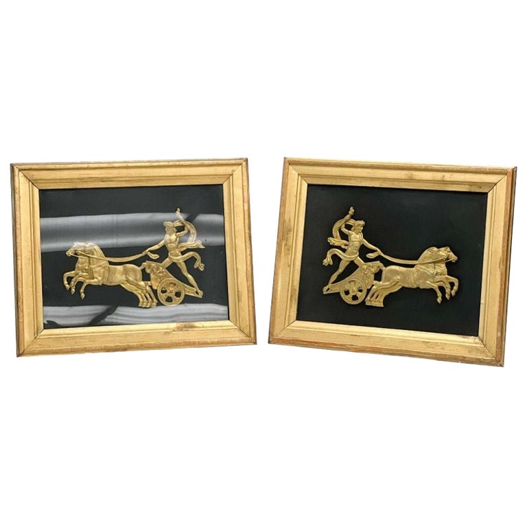Pair Continental Gilt Bronze Roman Reliefs of Charioteers Framed c ...