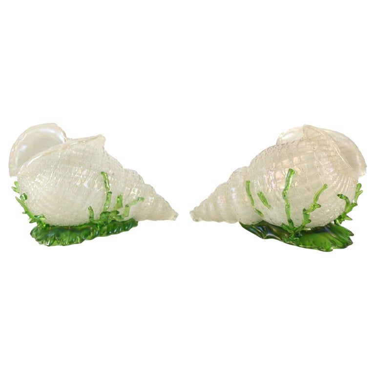 Pair Loetz Applied Threaded Green Iridescent Conch Shells Seaweed, 20th ...