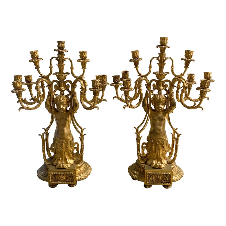 Exquisite Pair of French Gilt Bronze 9 Arm Figural Candelabras ...