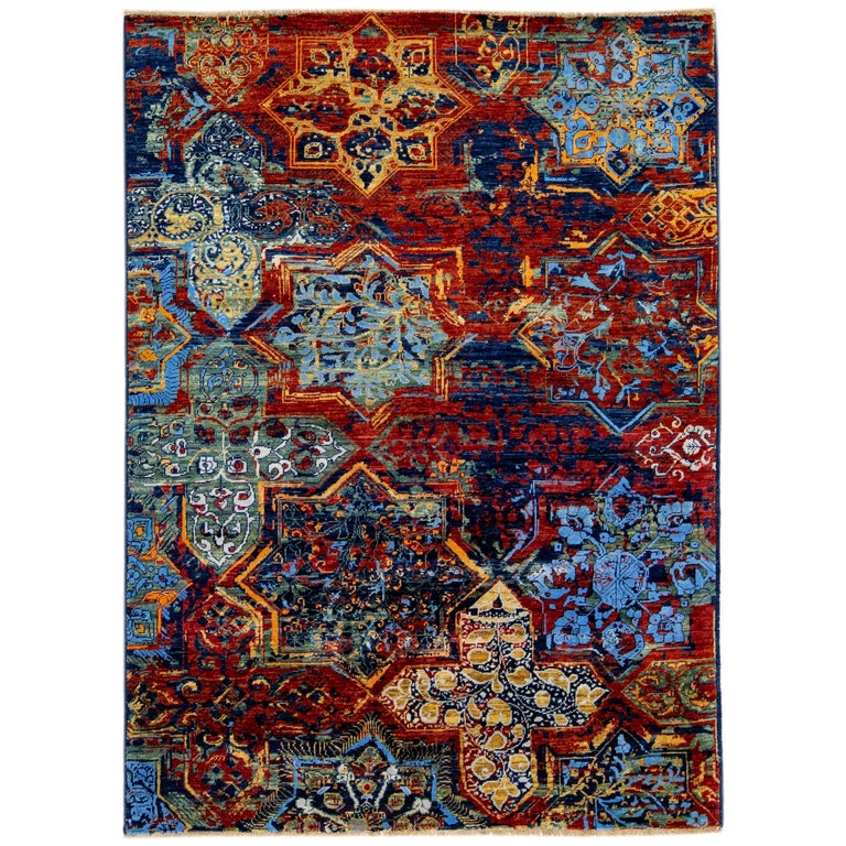 Modern Transitional Abstract Handmade Blue and Orange Silk Rug For Sale ...