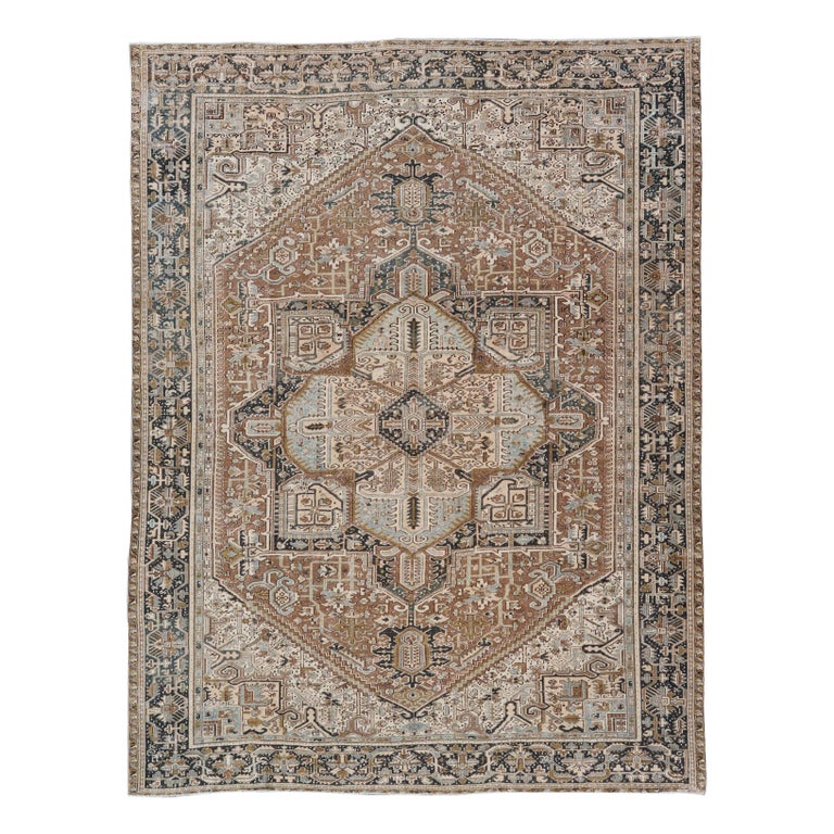 Persian Antique Heriz Rug with Geometric Design in Blue's, Tan, Cream ...