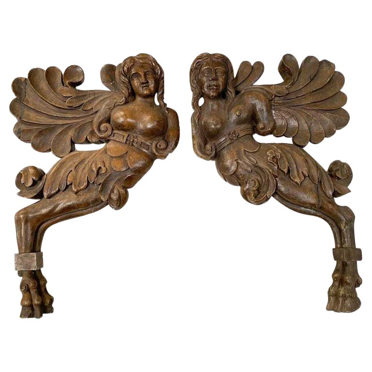 Pair of Continental Wooden Angelic Figures w/ Architectural Accents ...