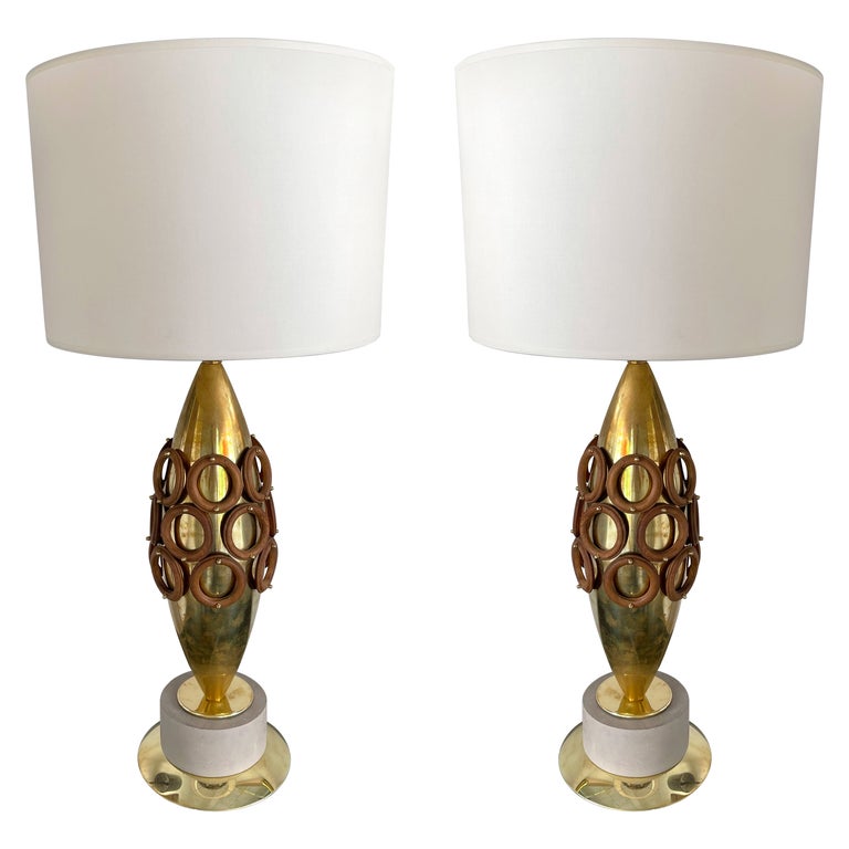 Contemporary Pair of Brass and Wood Rings Lamps, Italy For Sale at 1stDibs