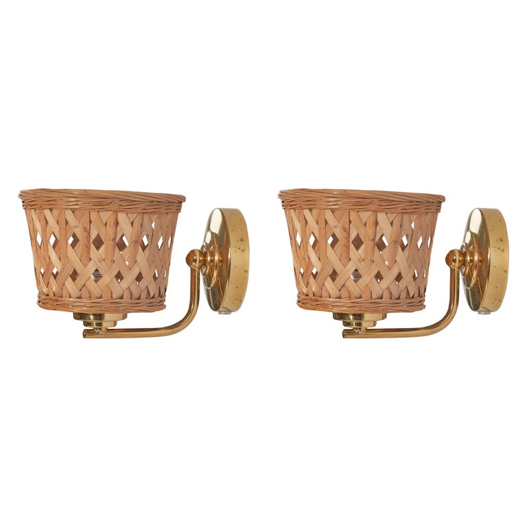 Swedish Designer, Sconces, Brass, Rattan, Sweden, c. 1970s For Sale at ...