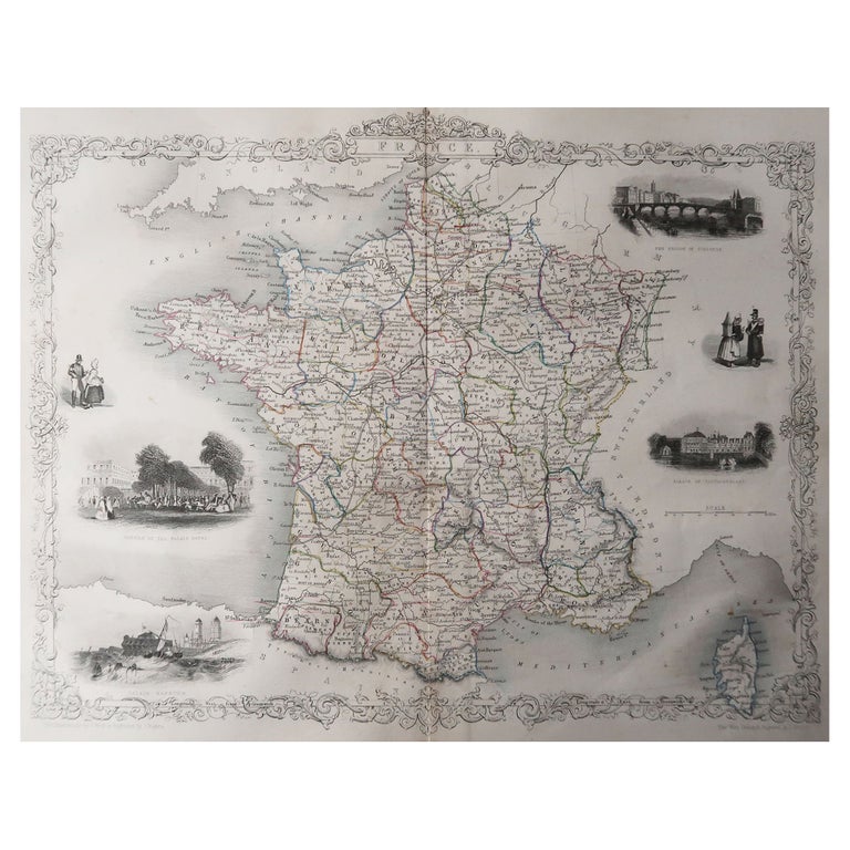 Original Antique Map of France by Tallis, Circa 1850 For Sale at 1stDibs