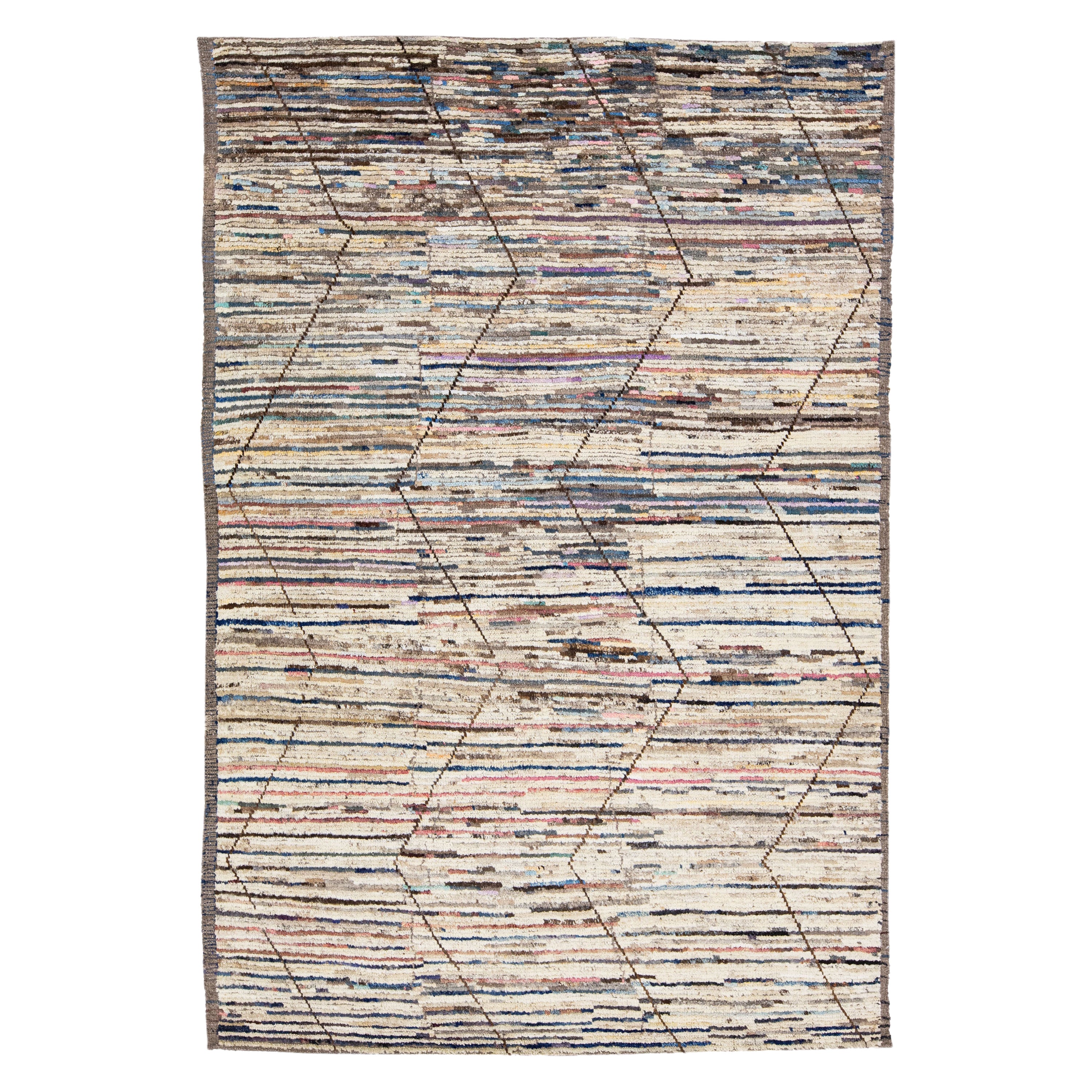 Beige Modern Moroccan Style Handmade Geometric Motif Wool Rug For Sale ...