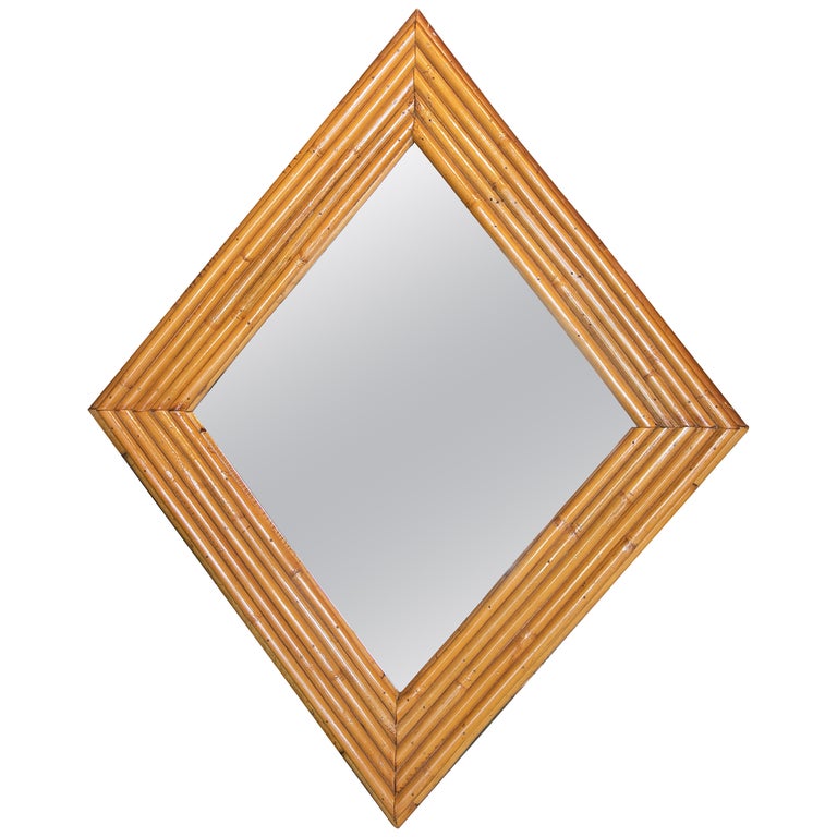 1970S Spanish Bamboo Mirror with Rhombus Shape Handmade For Sale at 1stDibs
