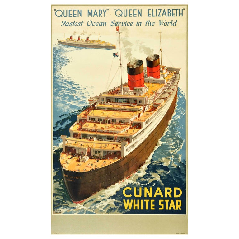 Original Vintage Poster Queen Mary Queen Elizabeth Cunard White Star ...