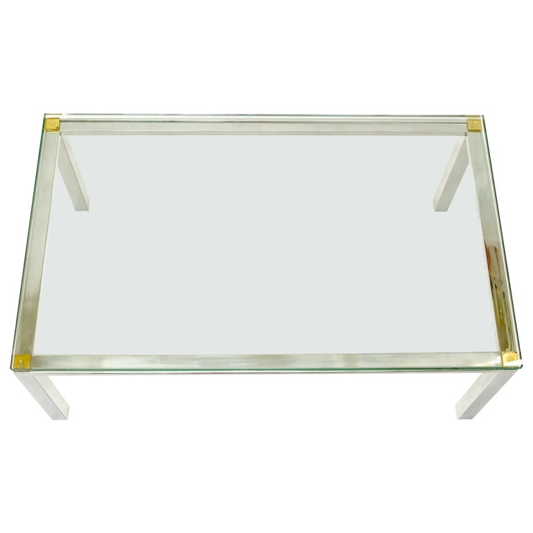 Polished Stainless Steel and Brass Glass Top Rectangle Coffee Table Mid ...
