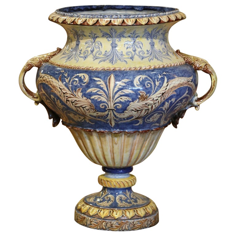 19th Century Italian Hand Painted Faience Cache Pot with Floral Motifs ...