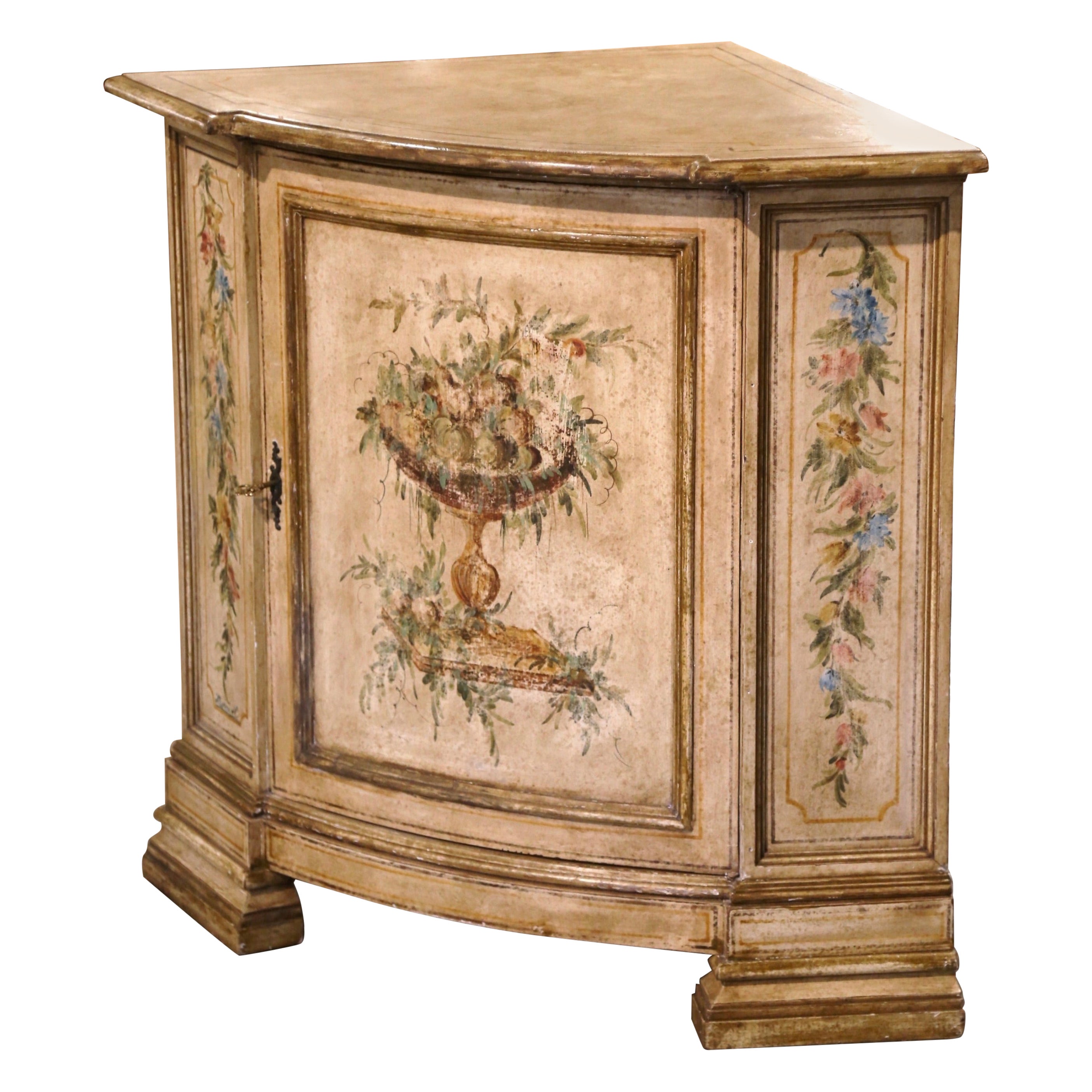 1920s Italian Venetian Painted Bombe Corner Cabinet with Floral Motifs ...