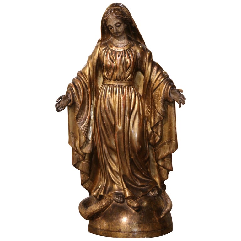 18th Century French Carved Giltwood Virgin Mary Statue with Glass Eyes ...