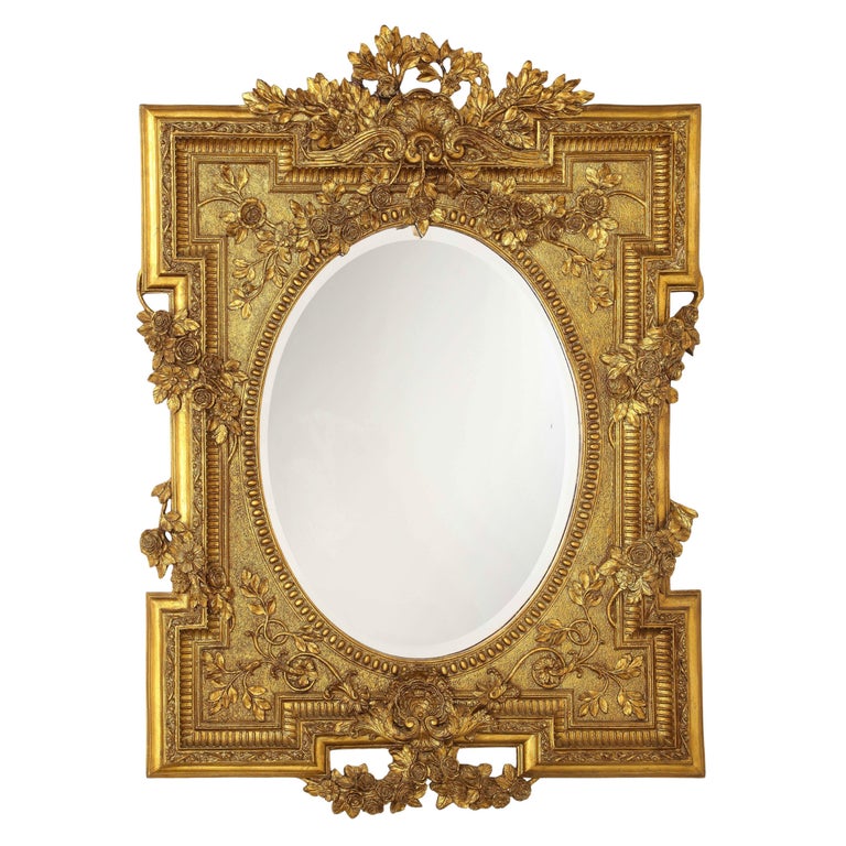 Marvelous French Giltwood Hand-Carved Beveled Mirror with Floral Vine ...