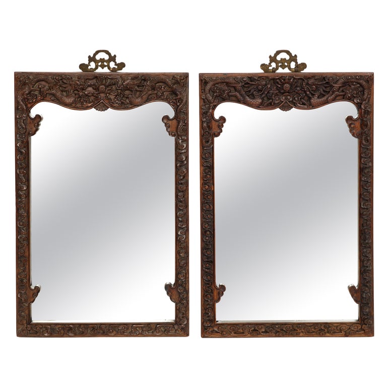 Pair of 19th Century Chinese Hardwood Hand-Carved 5-Claw Dragon Mirrors ...