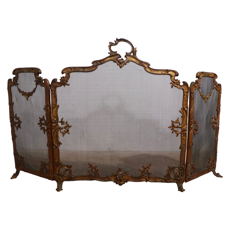 Cast Bronze and Mesh, Three Fold Fireplace Screen Marked Palm Bronze ...