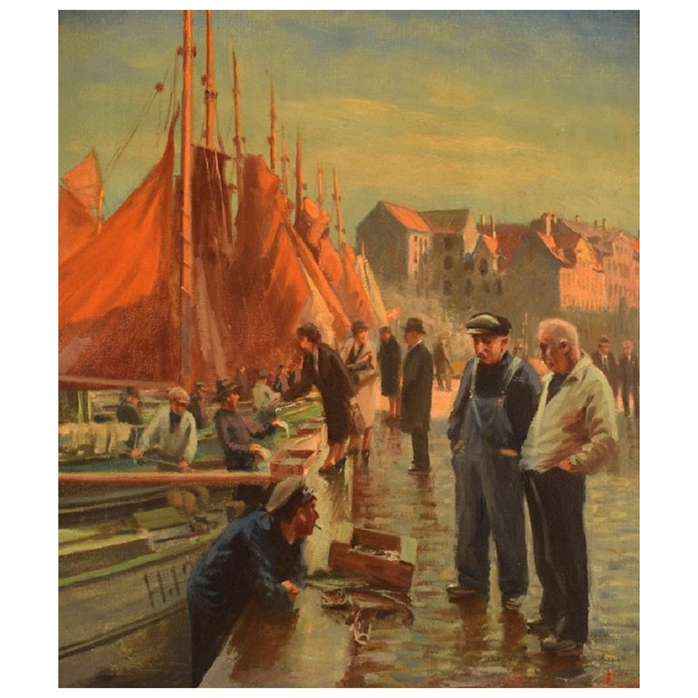 Søren Christian Bjulf, Denmark, Oil on Canvas, Fishermen and Traders ...