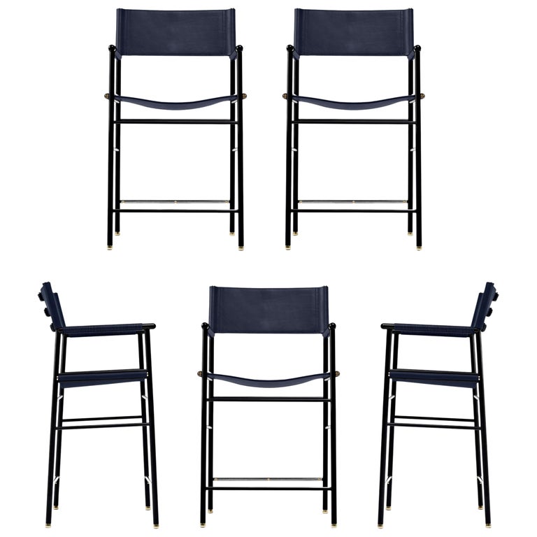 Set of 6 "Repose Counter Stool w. Backrest Navy Blue Saddle Black ...