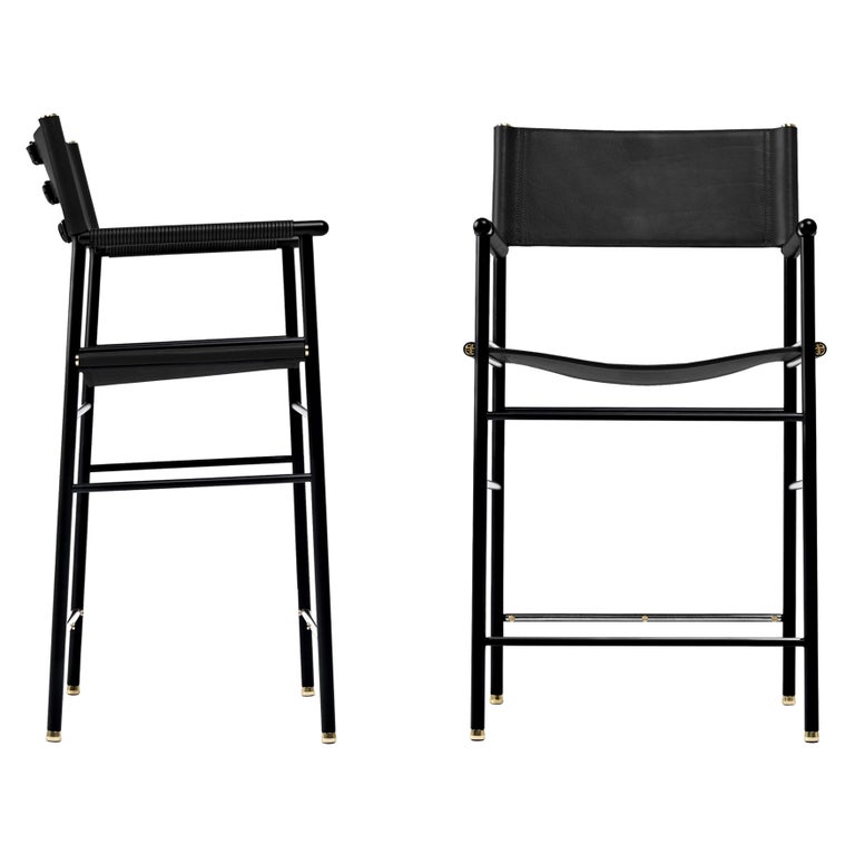 Pair Artisan Made Counter Stool w. Backrest Black Leather and Black ...