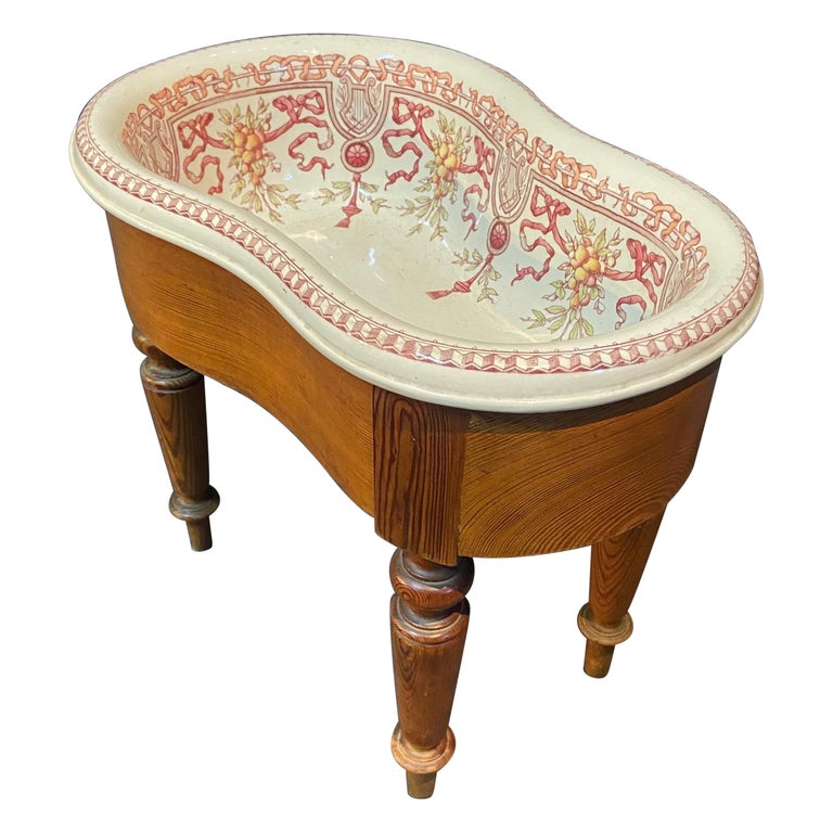 20th Century French Hand Painted Ceramic Bidet on Wooden Hand Carved ...