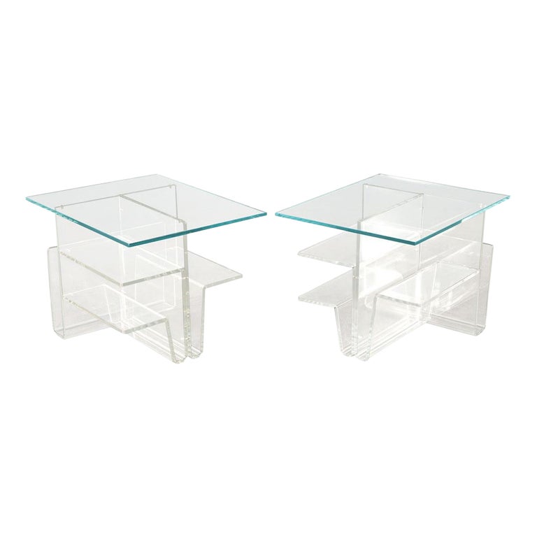Pair of Mid-Century Modern Glass Top Acrylic End Tables Magazine Stands ...