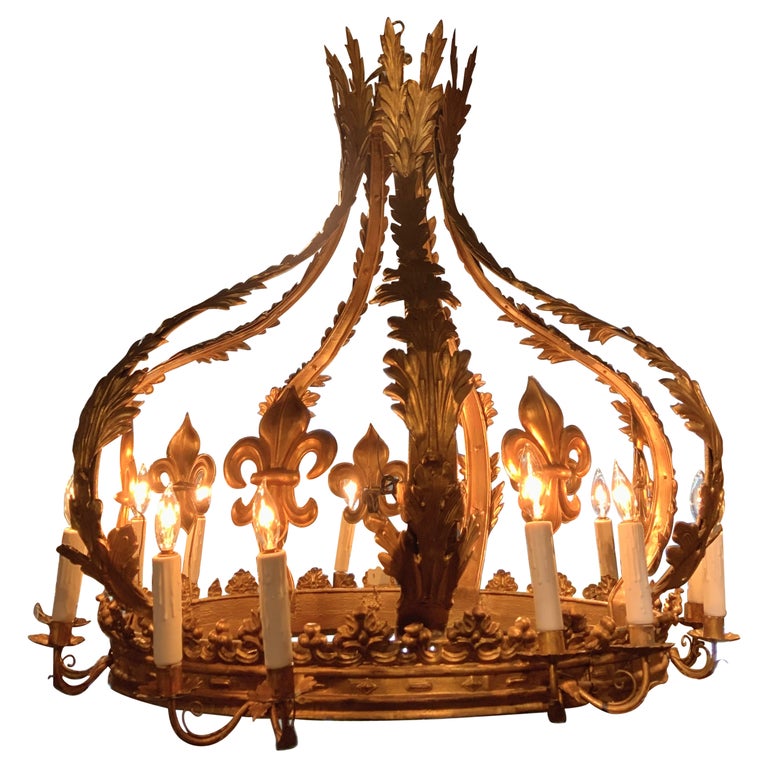 Gilt Metal French Crown Chandelier with 12 Lights and Fleur D Lis ...