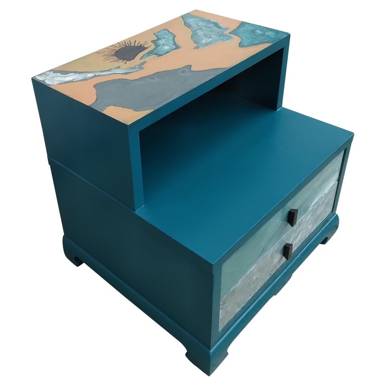Turquoise and Yellow Step Side Table with Drawers For Sale at 1stDibs