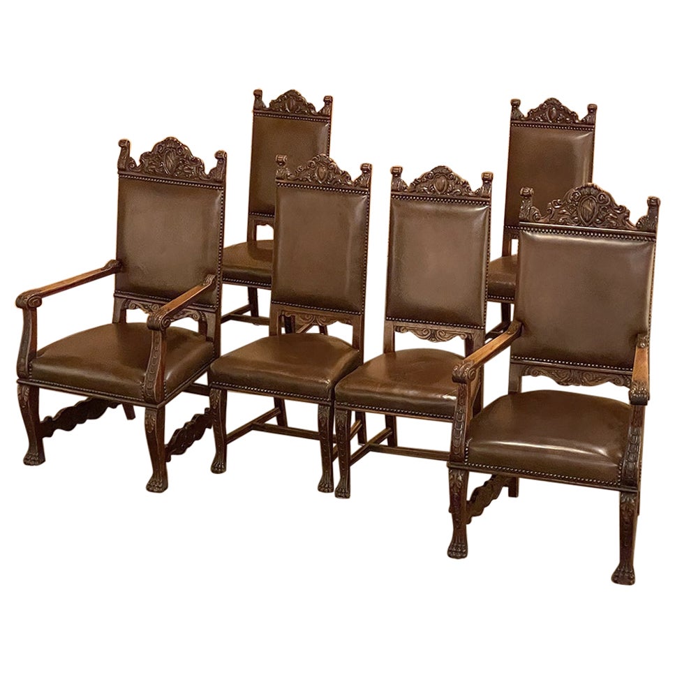 Set of Ten (10) Italian Renaissance Revival Chairs in Original Leather ...