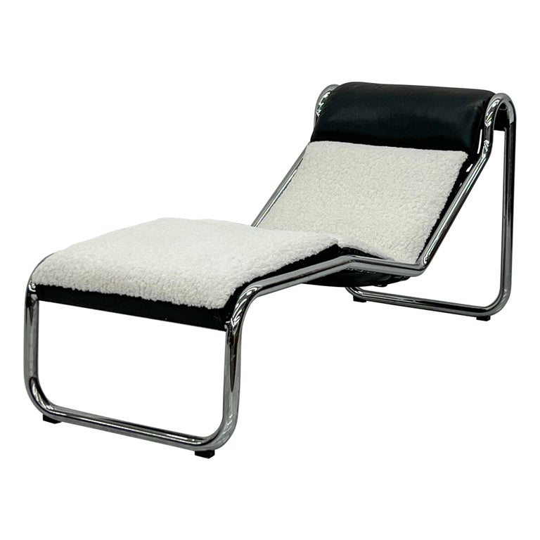 1970's Chrome Tubular Chaise Lounge in Black Leather and Boucle For ...