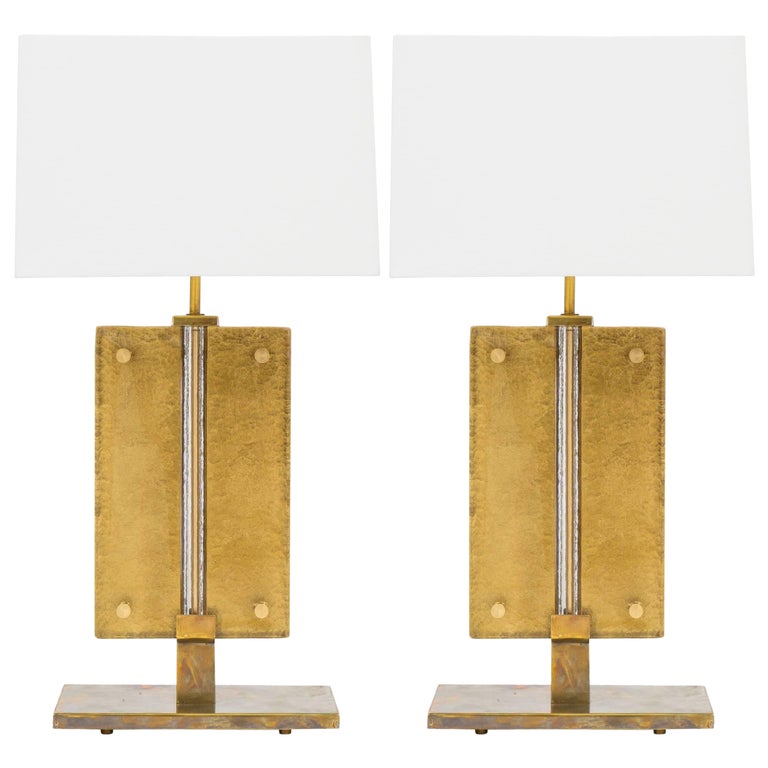 Pair of Murano Gold-Leafed Glass Slab Table Lamps For Sale at 1stDibs