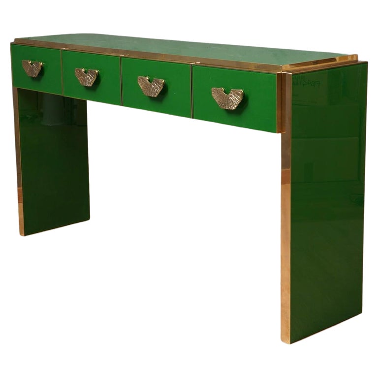 MidCentury Square Green Color Glass and Brass Console Table, 2020 For ...