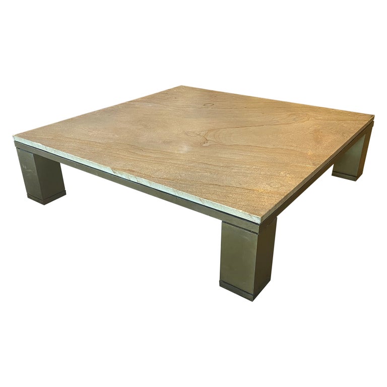 XL Square Stone and Brass Cocktail Table, Italy, 1970's For Sale at 1stDibs