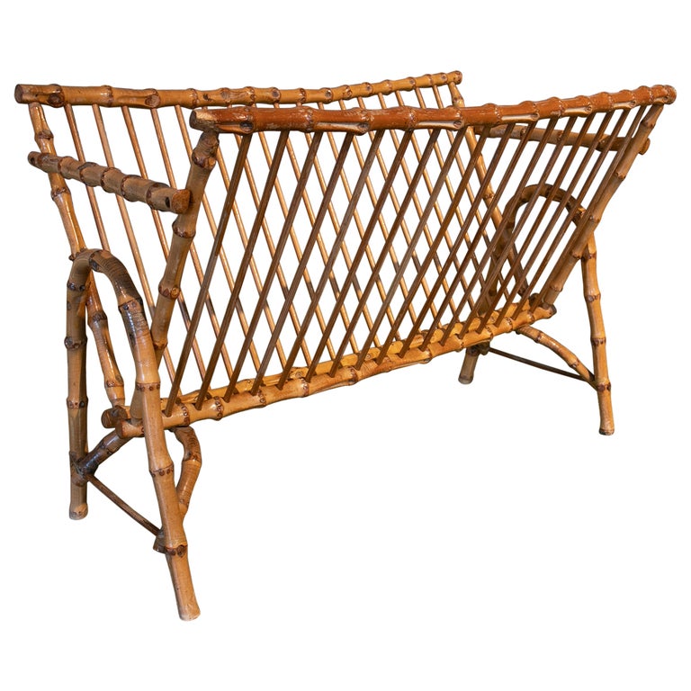 1980s Spanish Handmade Bamboo Floor Magazine Rack at 1stDibs