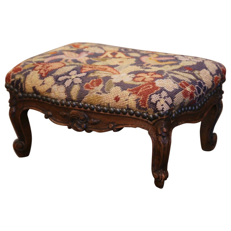 19th Century French Louis XV Carved Walnut Footstool with Needlepoint ...