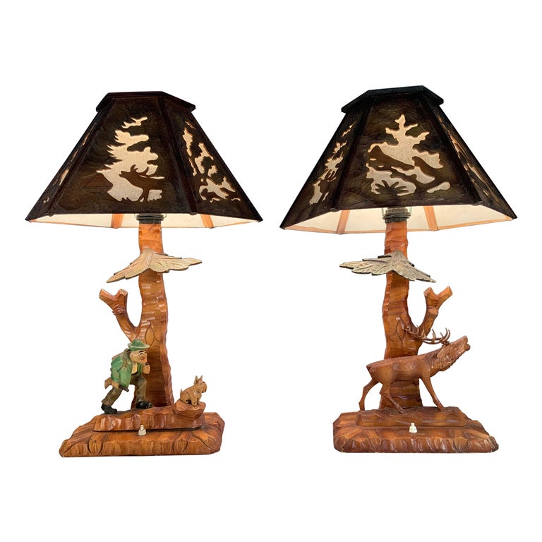Pair of Hand Carved Adirondack Hunter and Stag Table Lamps at 1stDibs