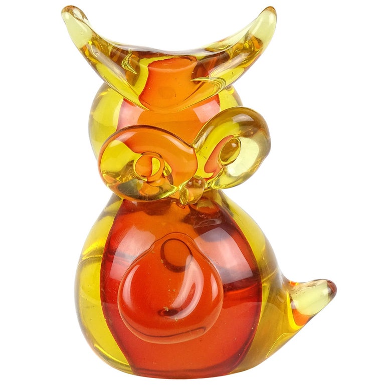 Archimede Seguso Murano Sommerso Red Orange Italian Art Glass Owl Bird ...