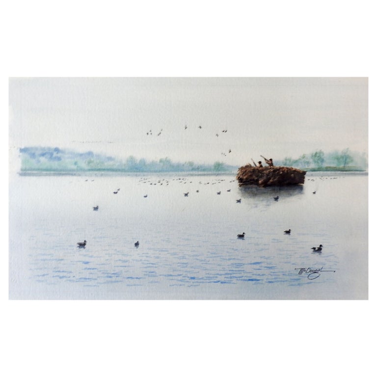 Mid-20th Century Duck Hunters Watercolor Painting For Sale at 1stDibs