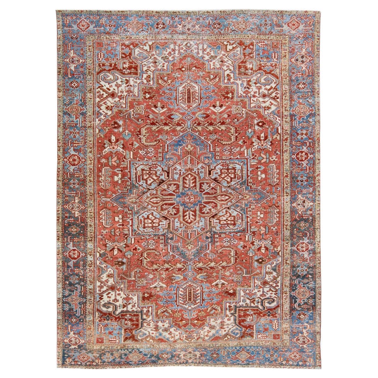 Antique Persian Heriz Handmade Rust Wool Rug with Medallion Design For ...