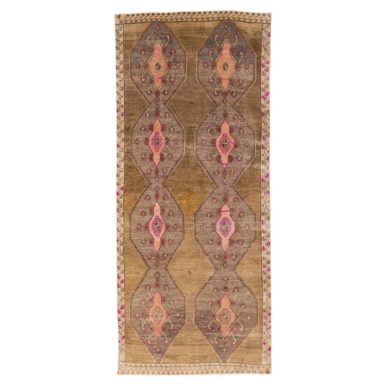 Brown Modern Turkish Handmade Tribal Motif Wool Runner For Sale at 1stDibs