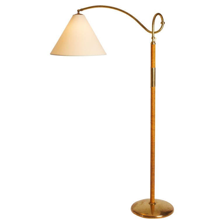 1970s Italian Wicker and Brass Floor Lamp with Movable Arm and Custom ...