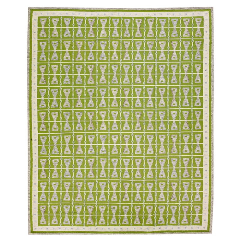 Modern Swedish Style Green Handmade Oversize Wool Rug with Geometric ...