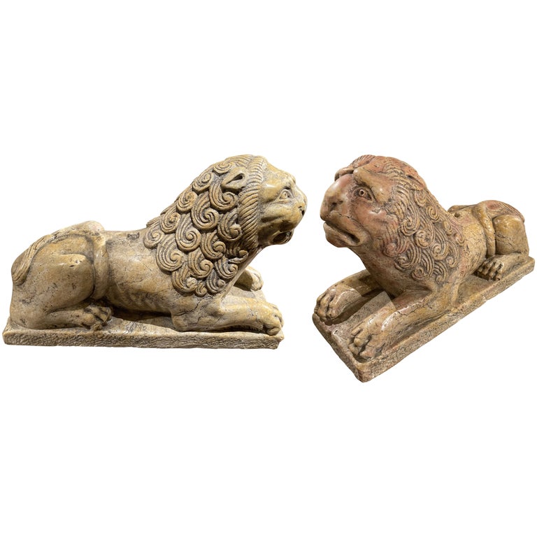 Italian 13th Century Romanesque Yellow Verona Marble Recumbent Lions ...