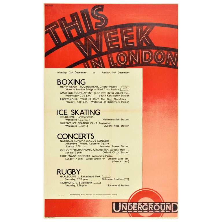 Original Vintage London Underground Poster Boxing Ice Skating Concerts ...