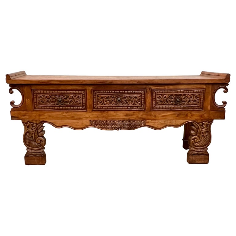 Large Hand Carved Pine Console Table Made in Indonesia For Sale at 1stDibs