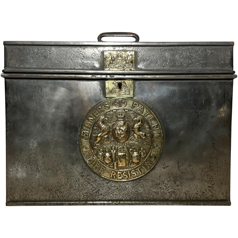 Antique English Early Victorian Heavy Steel and Brass Lock Box, Circa ...