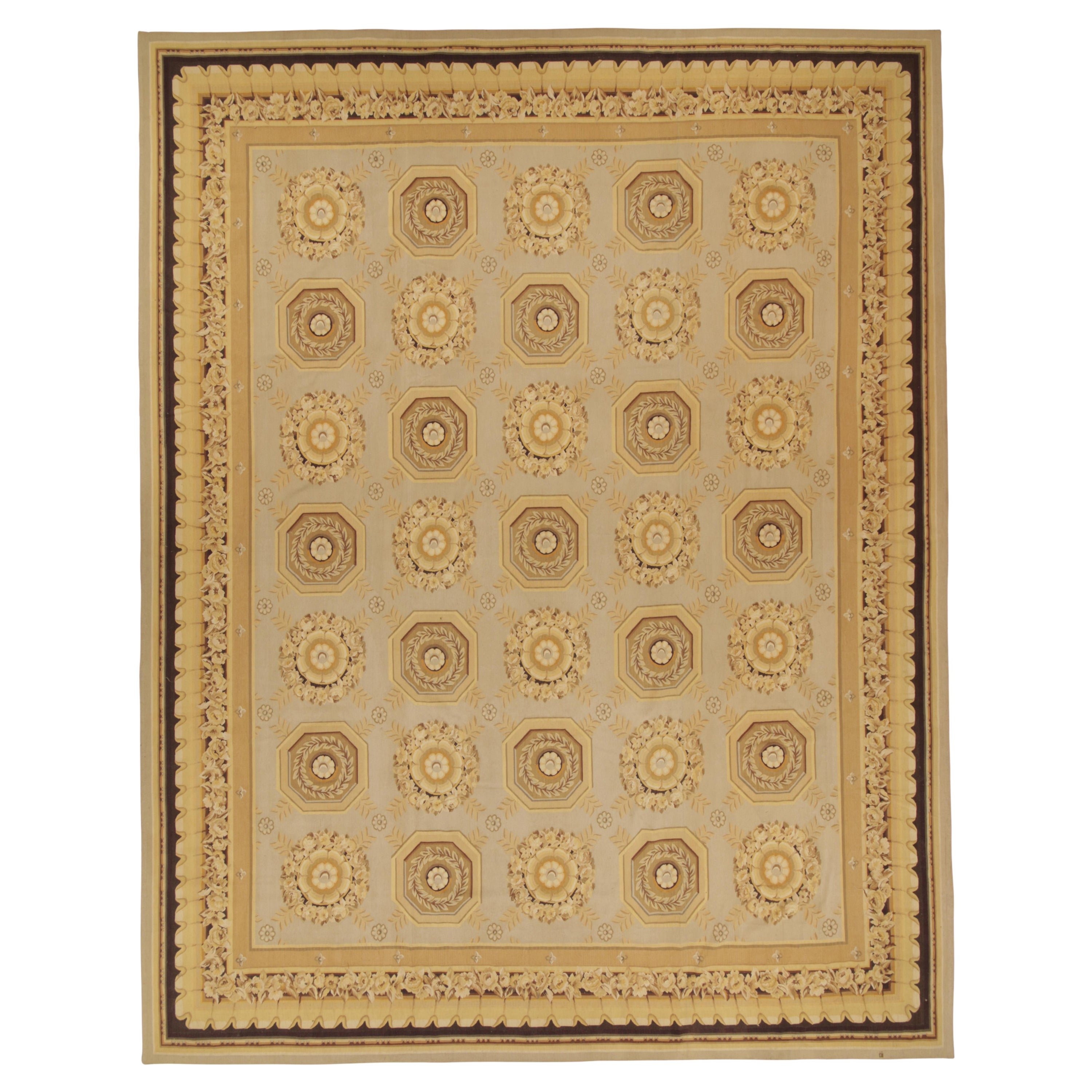 Rug and Kilim’s Aubusson style Flat Weave in Beige, Gold, Blue Floral ...