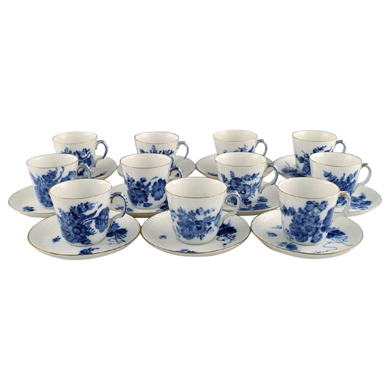 11 Royal Copenhagen Blue Flower Curved Mocha Cups and Saucers with Gold ...