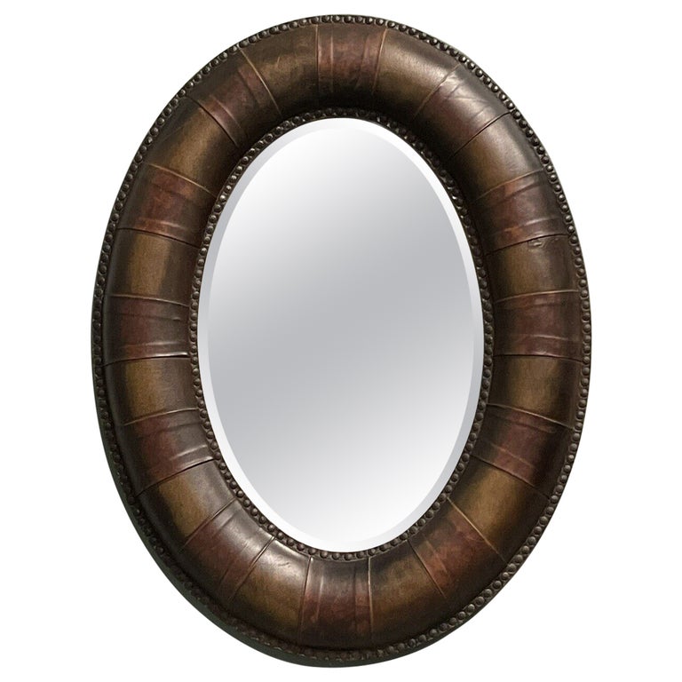 STUNNING VERY DECORATIVE OVAL BROWN STUDDED LEATHER CUSHION WALL MiRROR ...