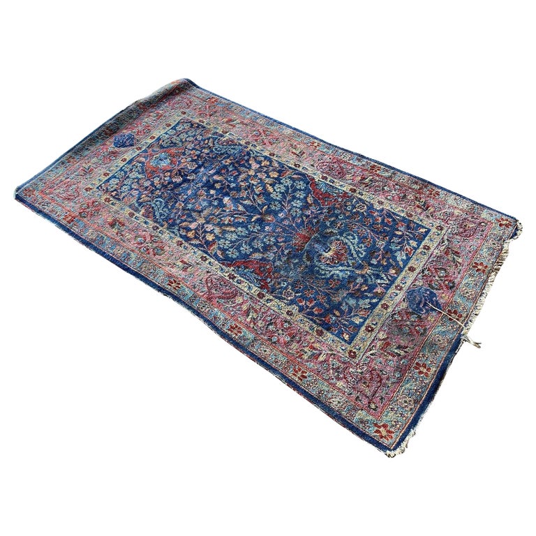 Hand Knotted Floral Blue / Red Silk Persian Rug For Sale at 1stDibs