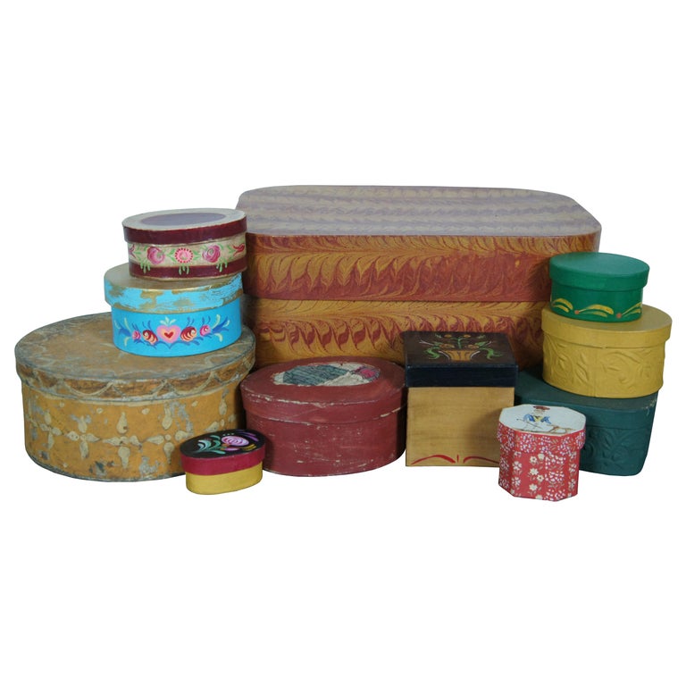11 Vintage Hand Painted Folk Art Paper Banded Trinket Bride Storage ...